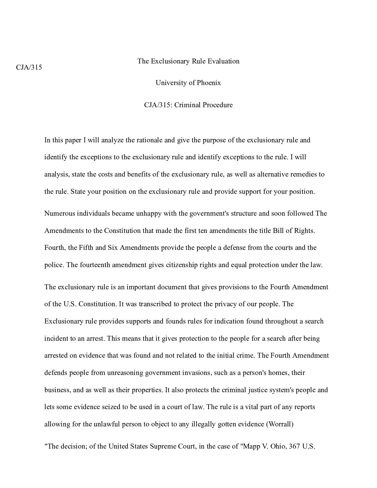 Exclusionary Rule Evaluation week 2.docx The Exclusionary Rule Evaluation CJA/315 Uni ...